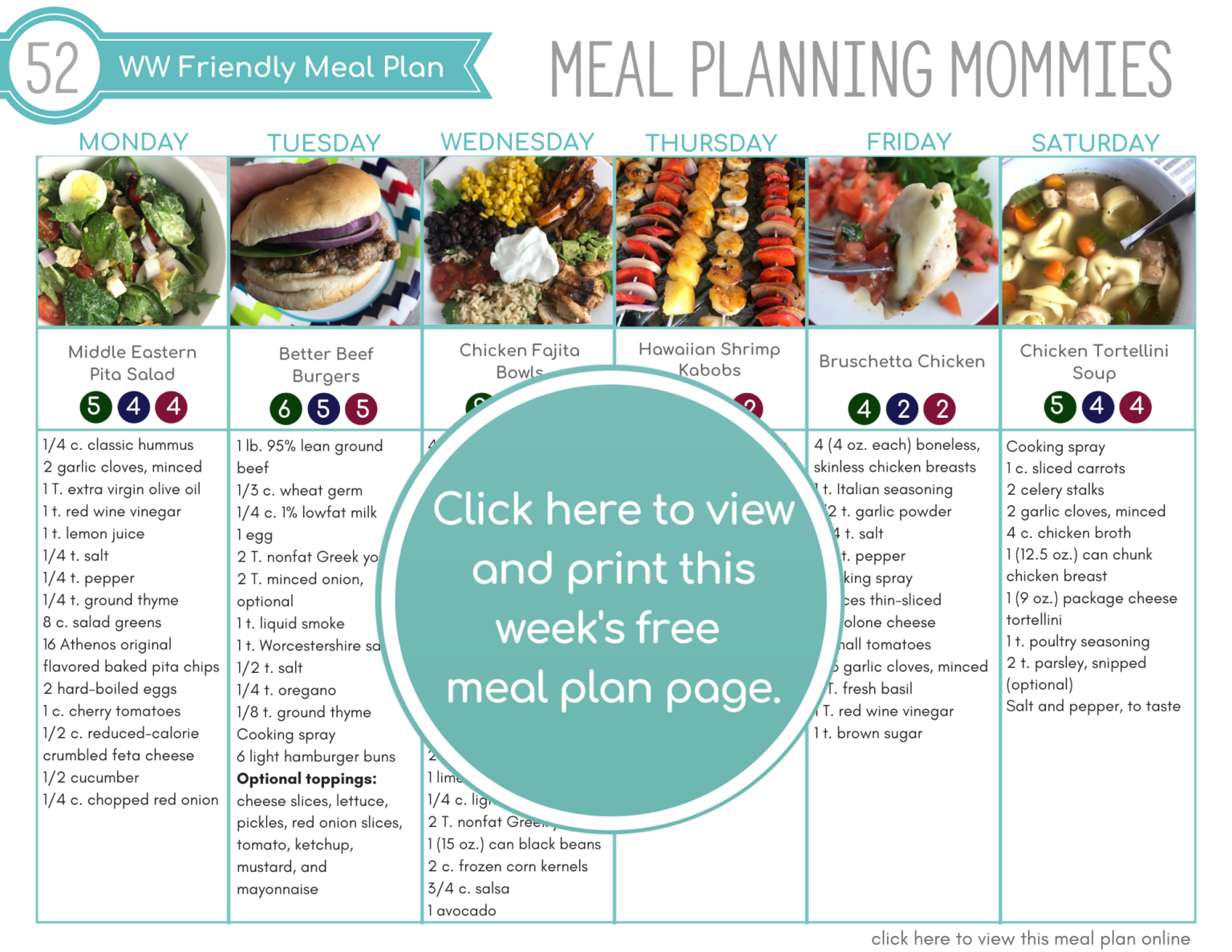 MyWW friendly meal plan #52 with green, blue, and purple points - Meal ...